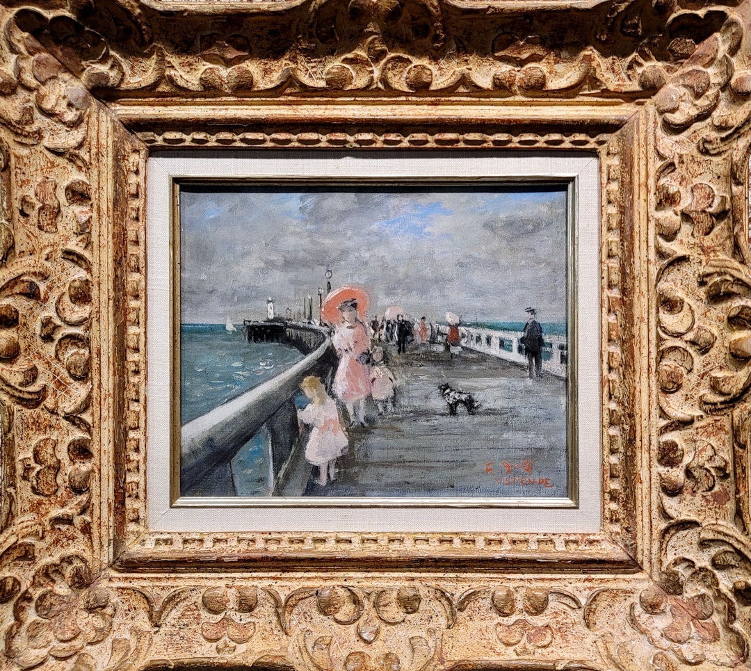 Francois Gall -elegant Woman W/parasol & Her Two Girls at the Pier-oil ...