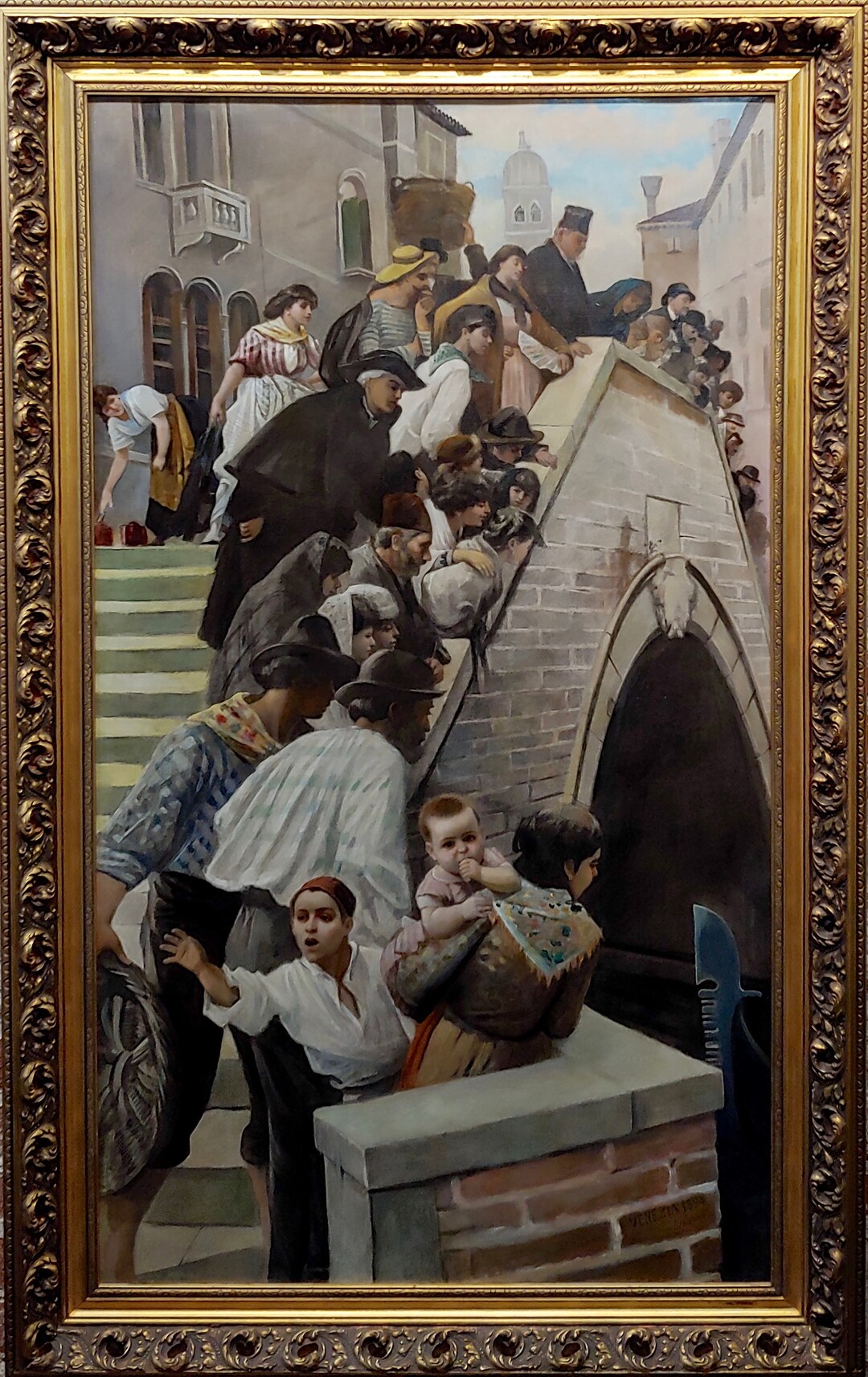 Scaratti -19th Century Venetian Scene Crowd of People on the Bridge-oil ...