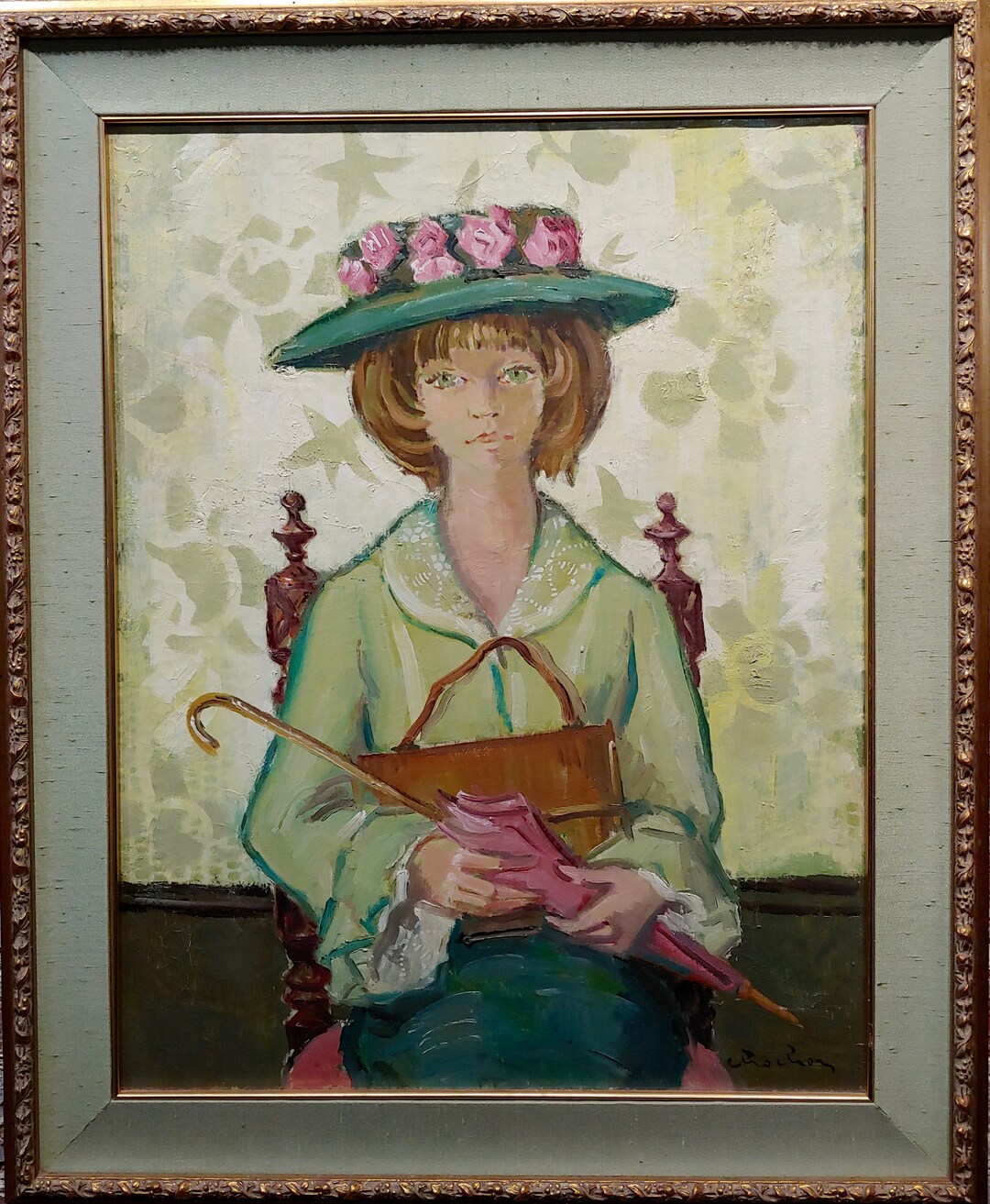 Andre Chochon -portrait of a Big Green Eyes Girl in a Hat -oil Painting ...