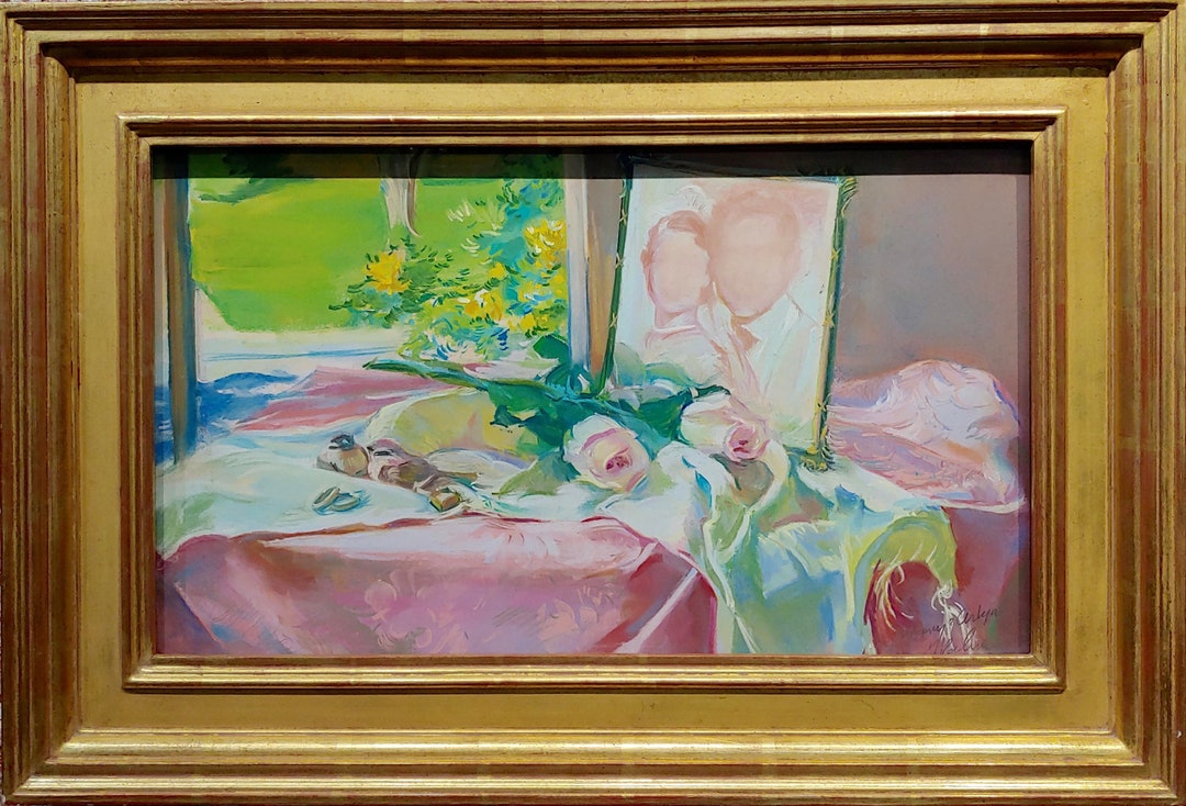 Gerald David Rahm -still Life of Pink Roses & Photo by the Window ...