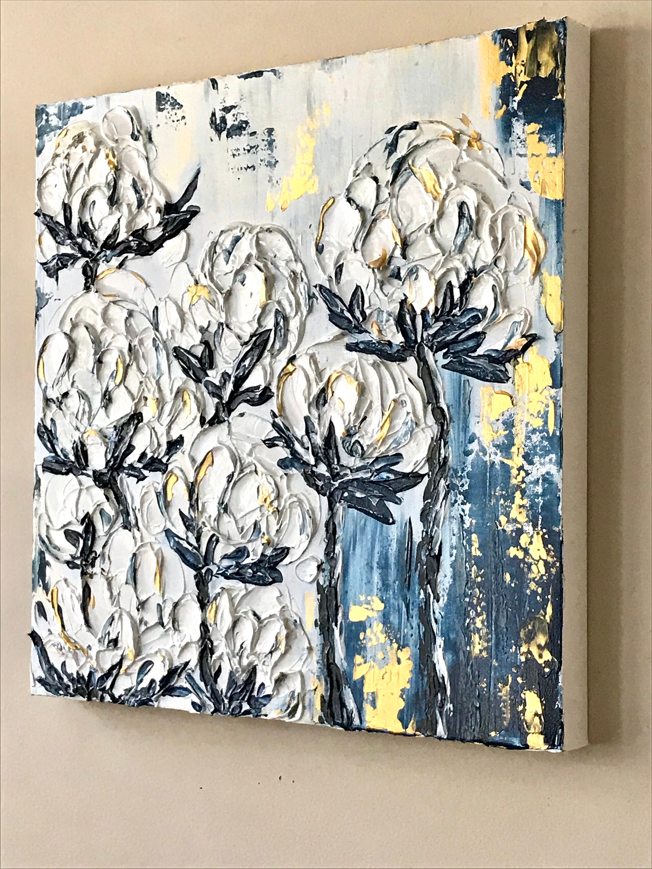 Whie Navy Impasto Texture Painting, 3D Impasto Modern White Flowers Art ...