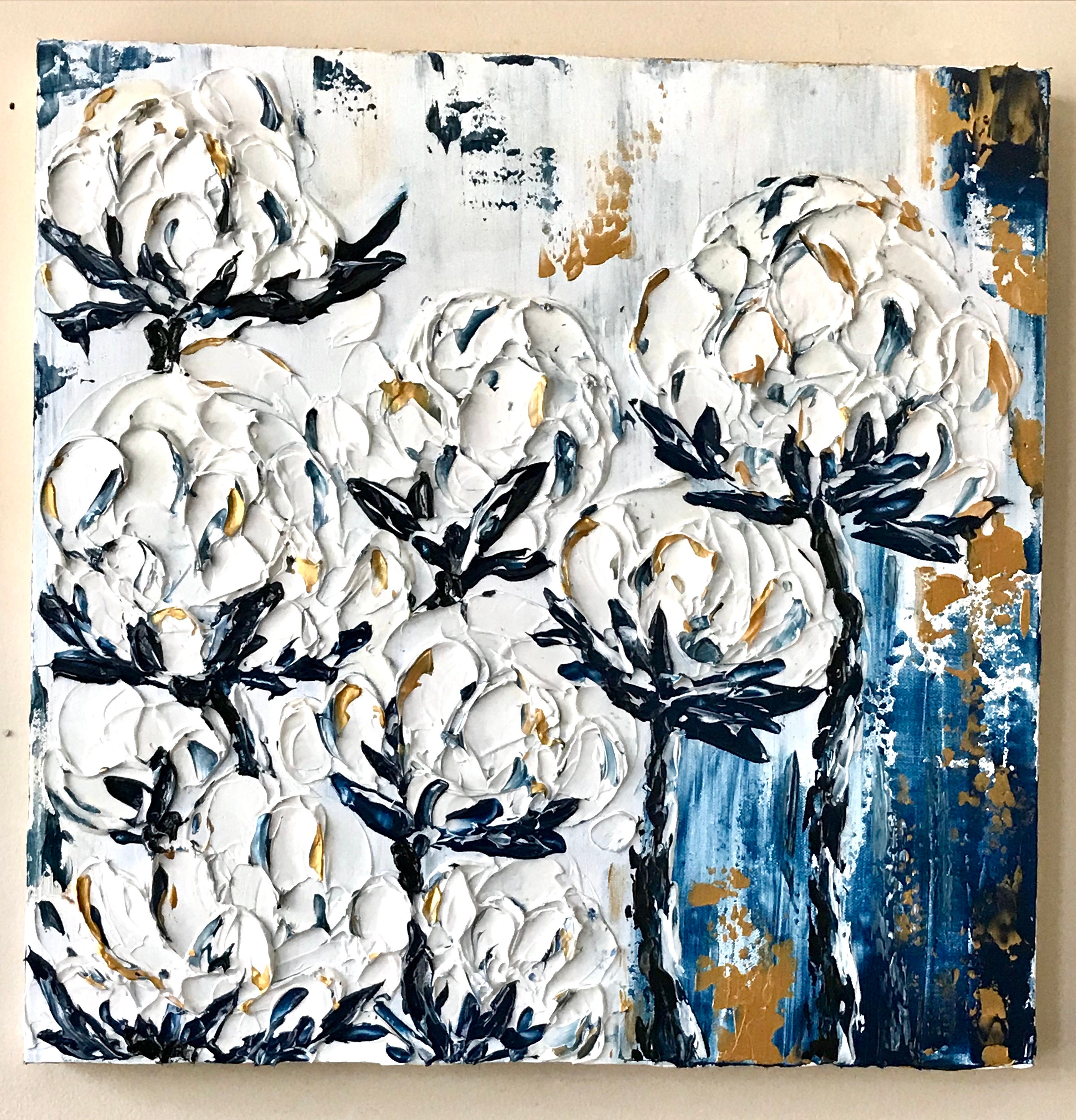 Whie Navy Impasto Texture Painting, 3D Impasto Modern White Flowers Art ...