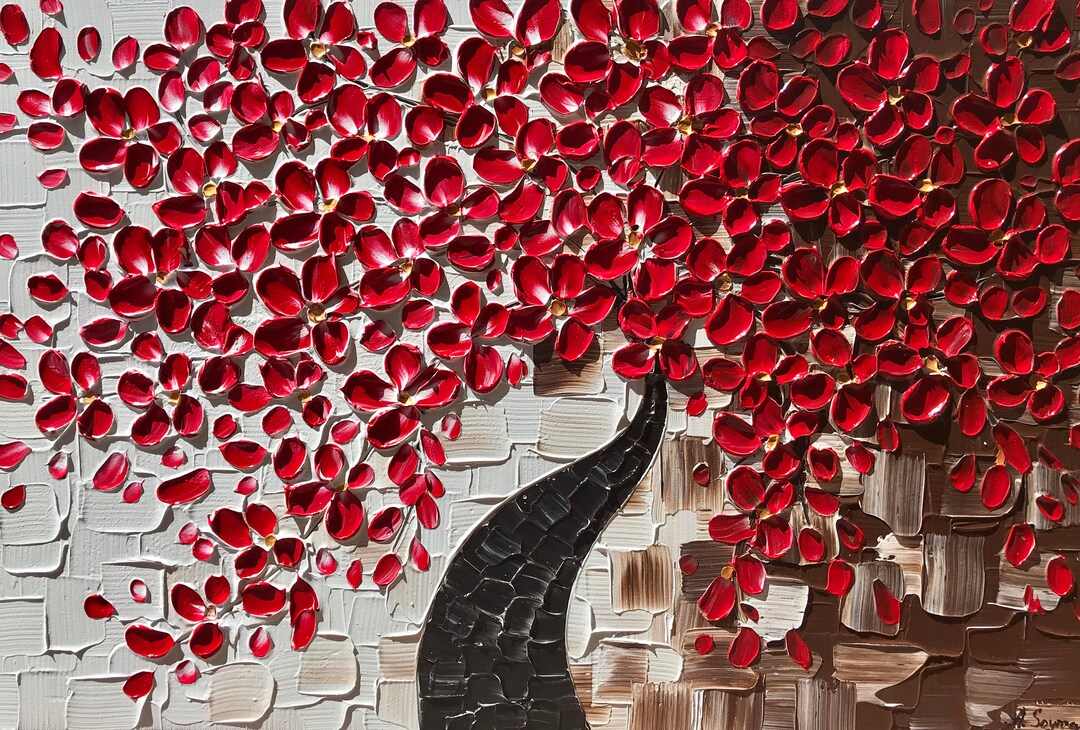 Original Impasto Red Flowers Tree Impasto Painting Red Tree Impasto ...