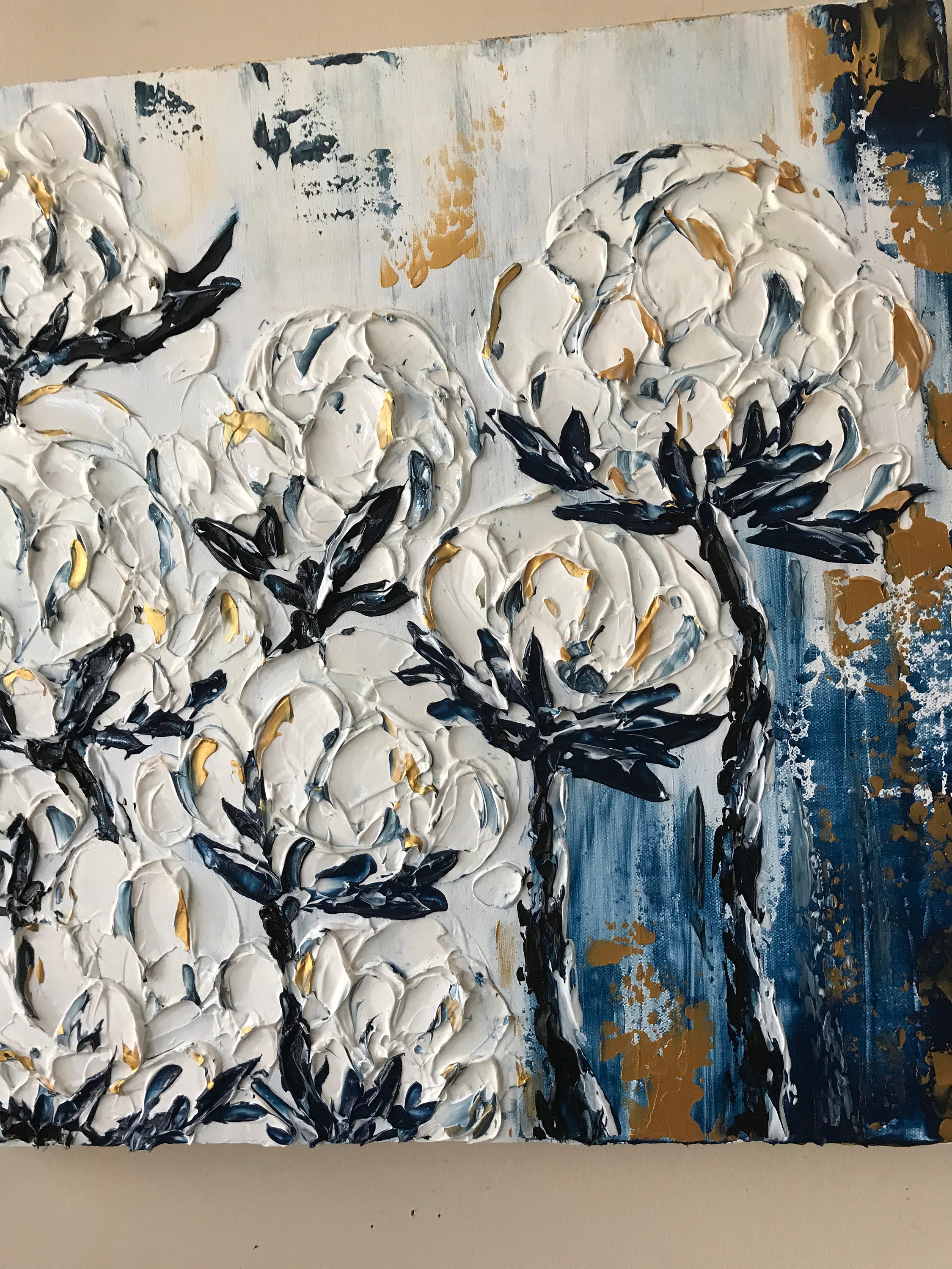 Whie Navy Impasto Texture Painting, 3D Impasto Modern White Flowers Art ...
