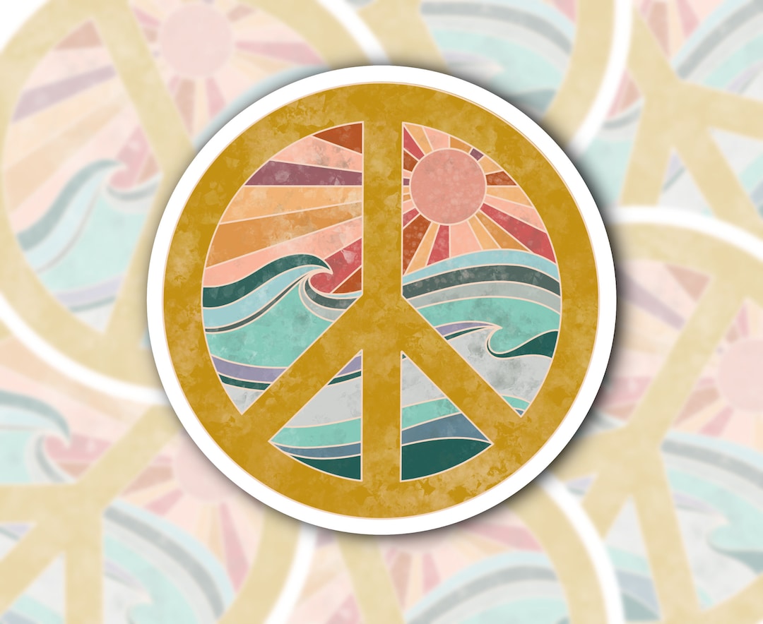 Retro Sun and Ocean Sticker. Peace Sign Laptop Decal. Hydroflask, Water ...