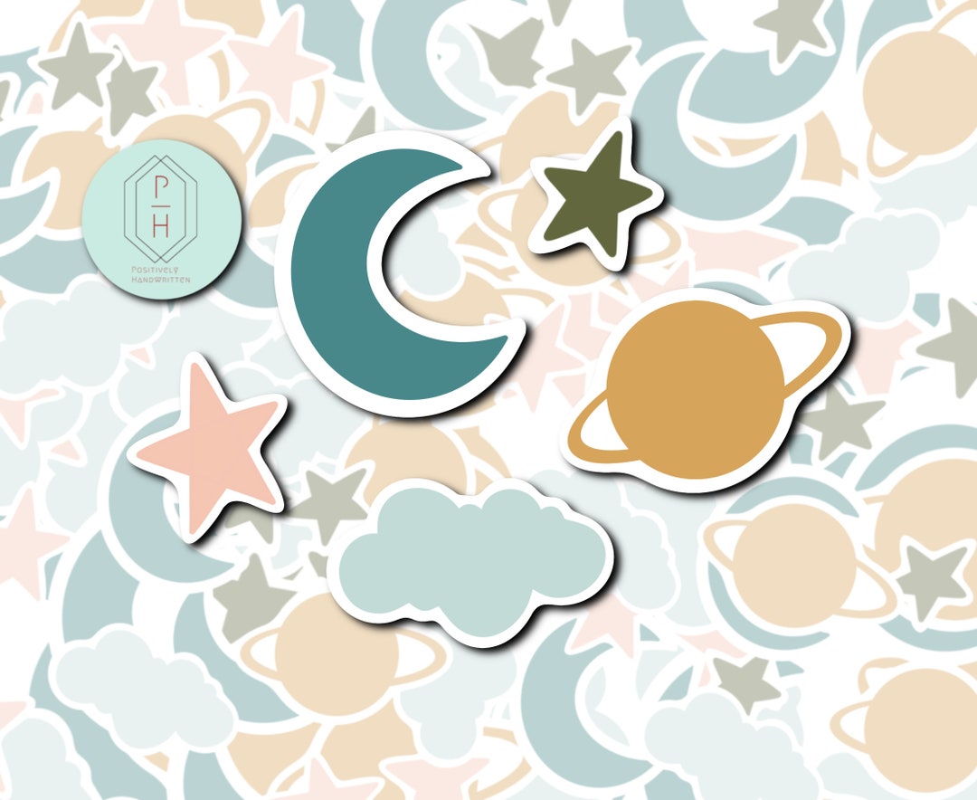 Neutral Aesthetic Celestial Space, Moon, Stars, Planet Stickers. Set of ...