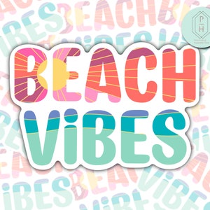 Beach Vibes. Colorful, Retro Sun and Ocean Sticker. Laptop Decal ...