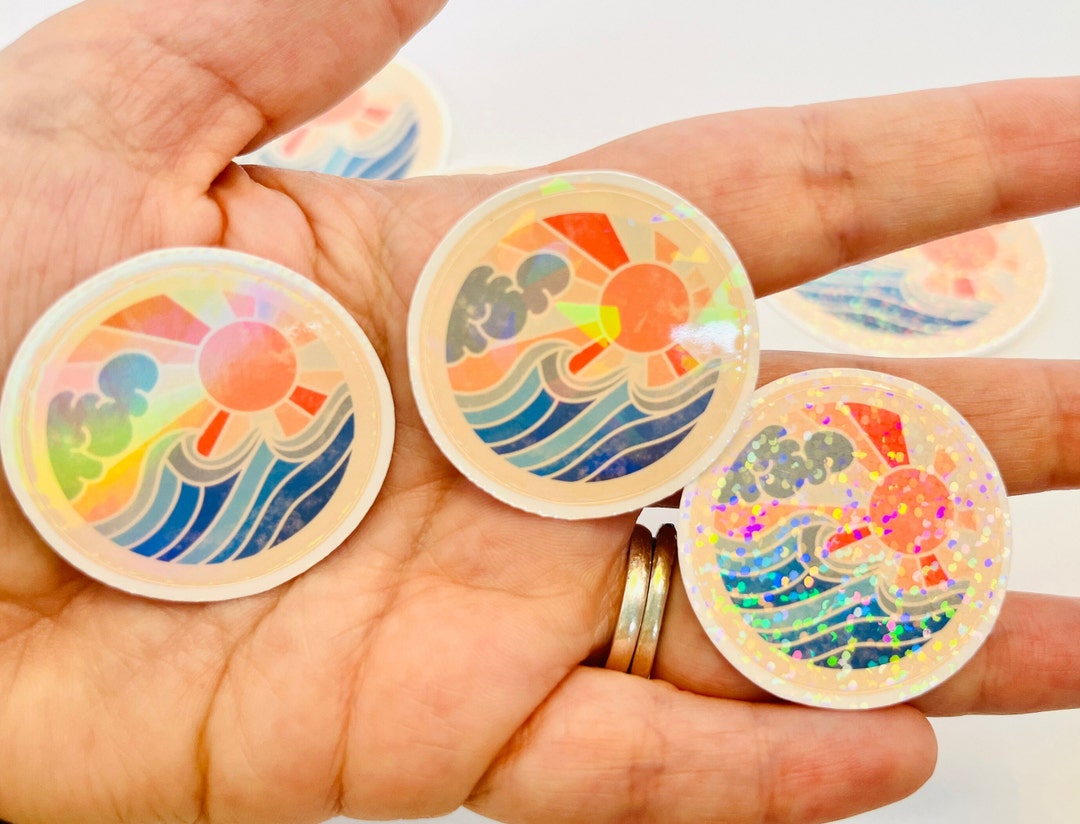 Retro Sun and Ocean Sticker. Holographic Laptop Decal. Hydroflask ...