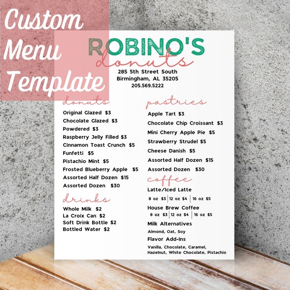 Donut Shop Menu Template Bakery Menu Template Minimalist - Etsy