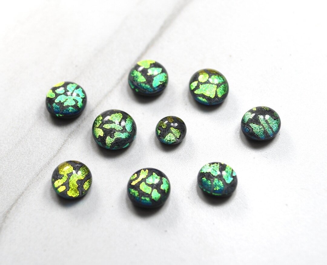 Small Dichroic Glass Cabochons, 9 Glass Stones, Rich Green and Blue ...