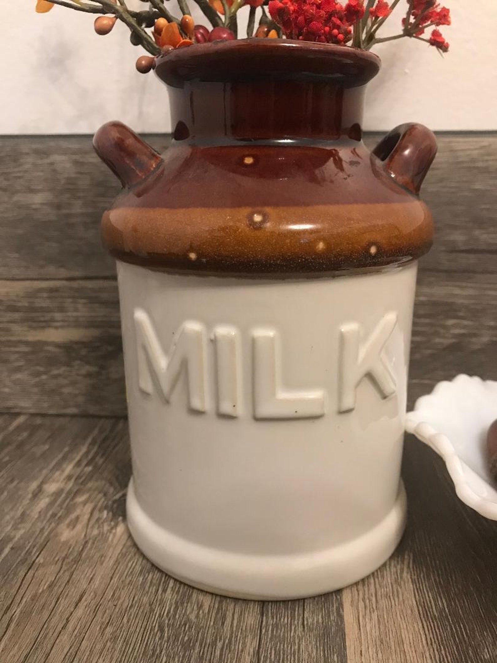 Vintage Fall Decor/ Vintage Ceramic Milk Jug/ White Milk Glass Candy ...