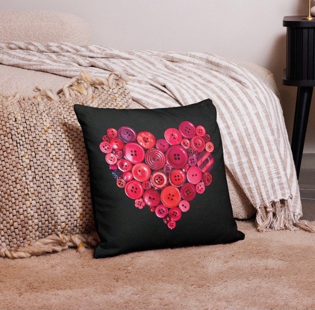 Button Heart Pillow / Original Art Throw Cushion / Sweetheart Love ...
