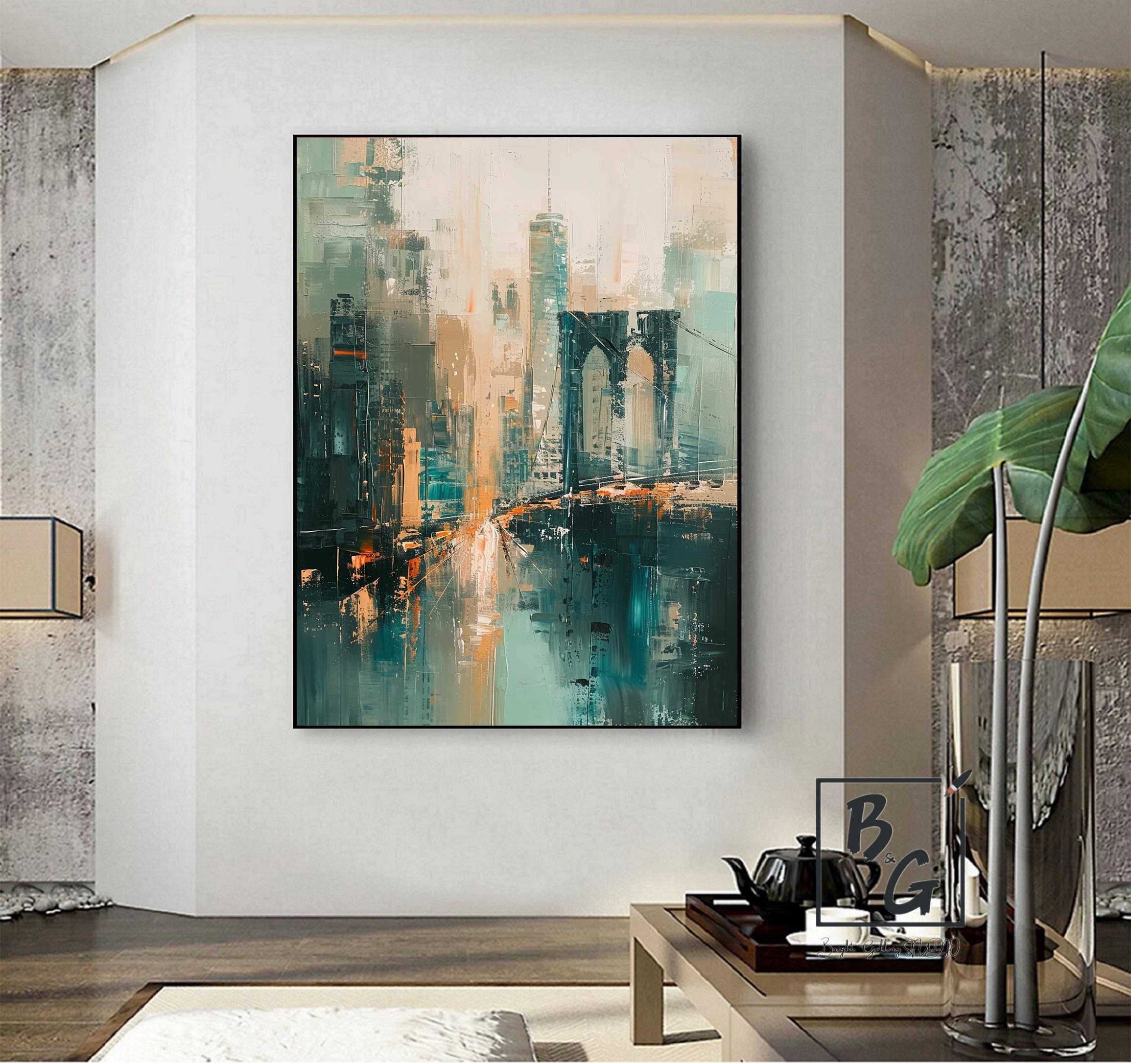 Urban Abstract Painting,green City Abstract Painting,beige City ...