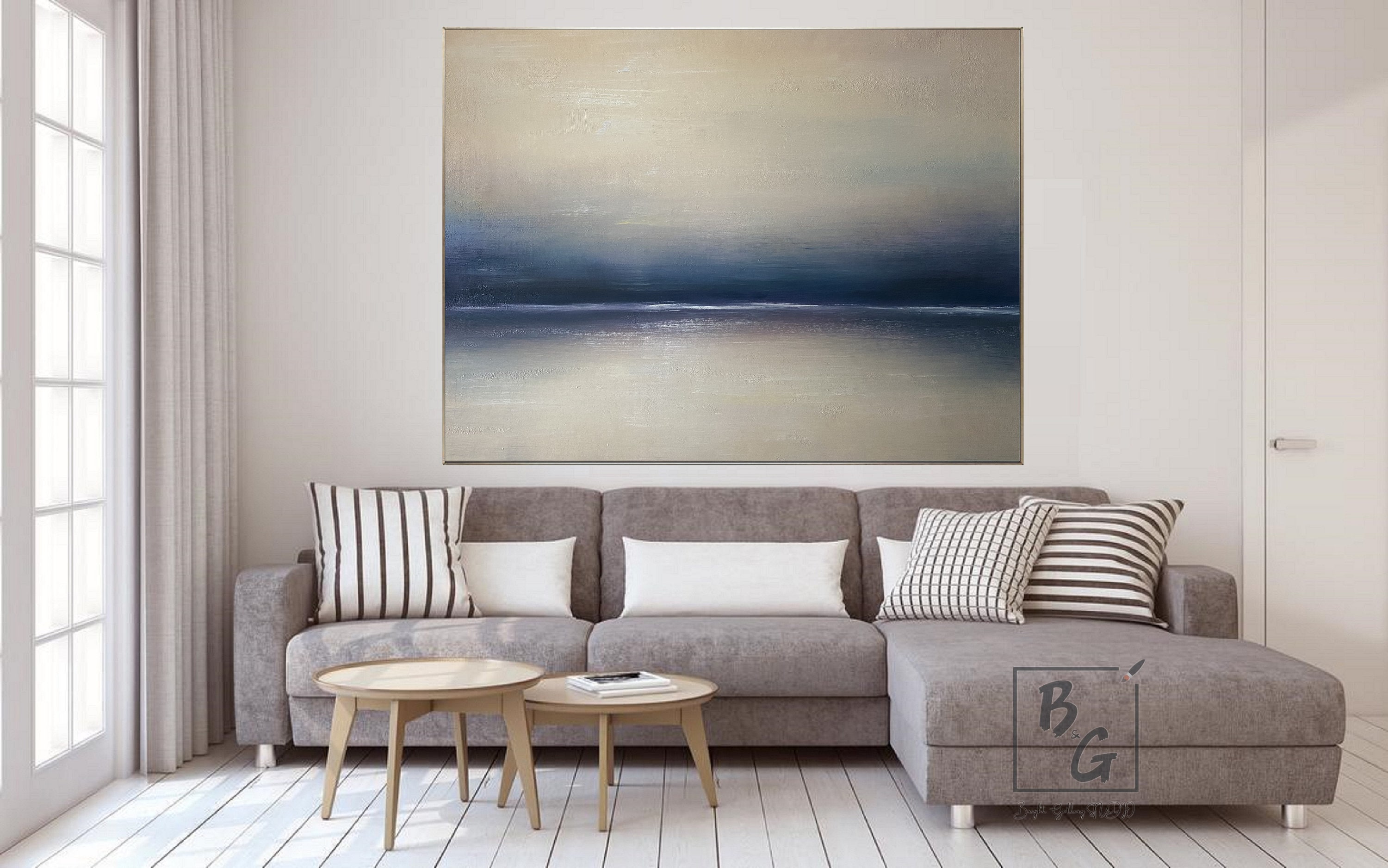 Dark Blue Ocean Abstract Painting,beige Sea Abstract Painting,blue ...