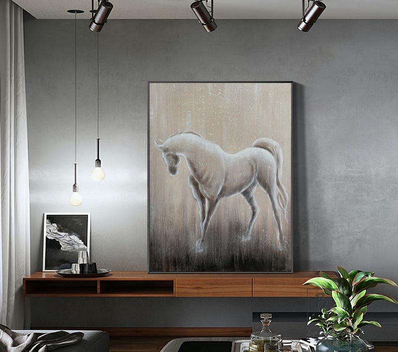 Beige and White Abstract Horse Painting, Modern Animal Wall Art ...