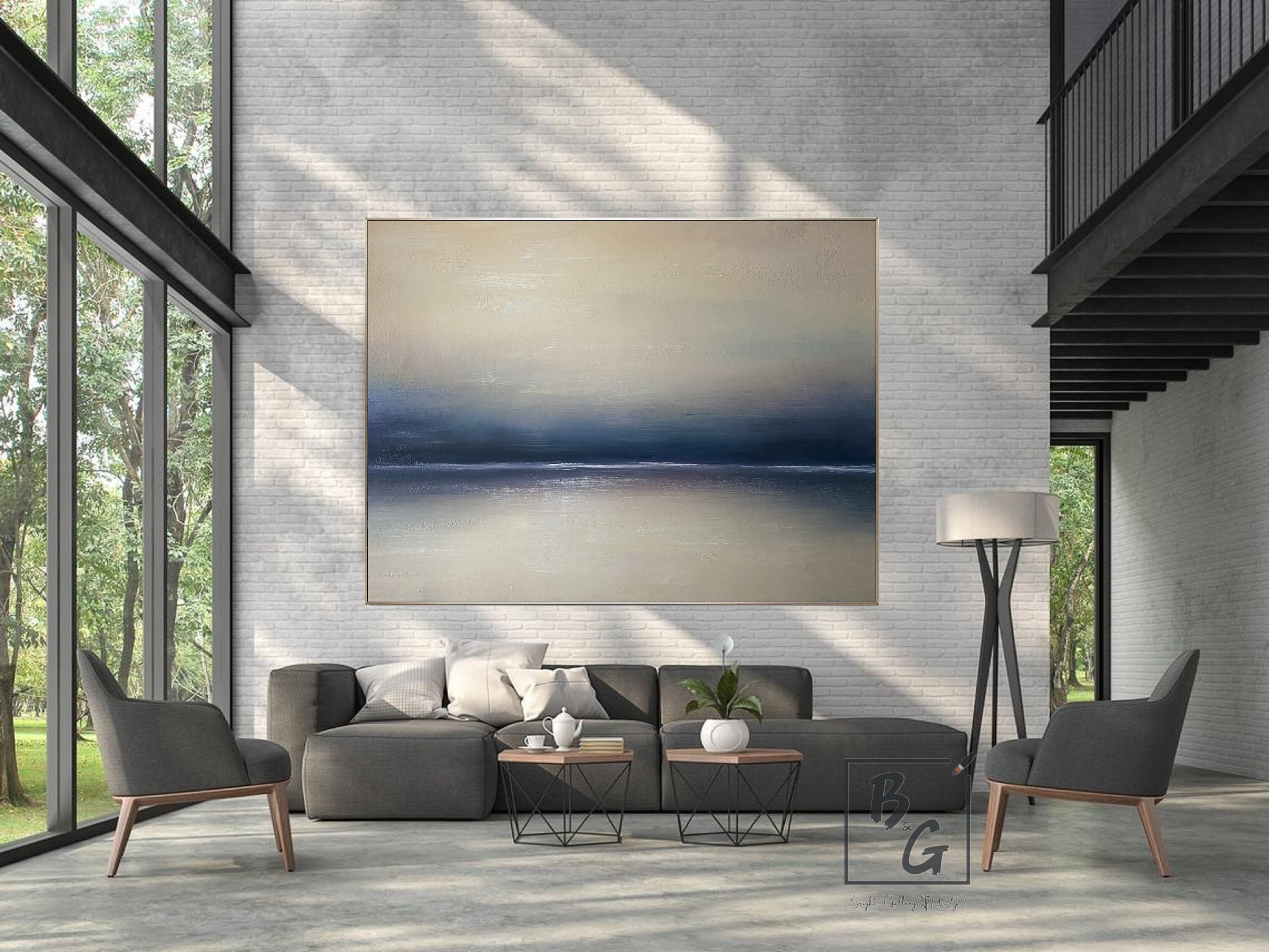 Dark Blue Ocean Abstract Painting,beige Sea Abstract Painting,blue ...