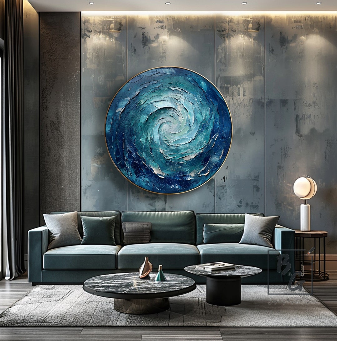 Blue Circle Abstract Paintings on Canvas,green Waves Abstract Painting ...