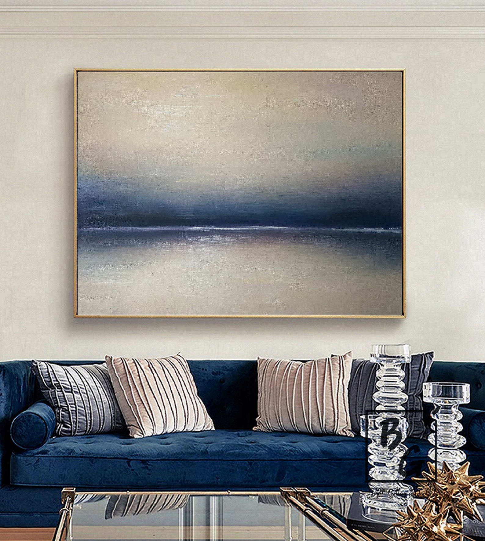 Dark Blue Ocean Abstract Painting,beige Sea Abstract Painting,blue ...