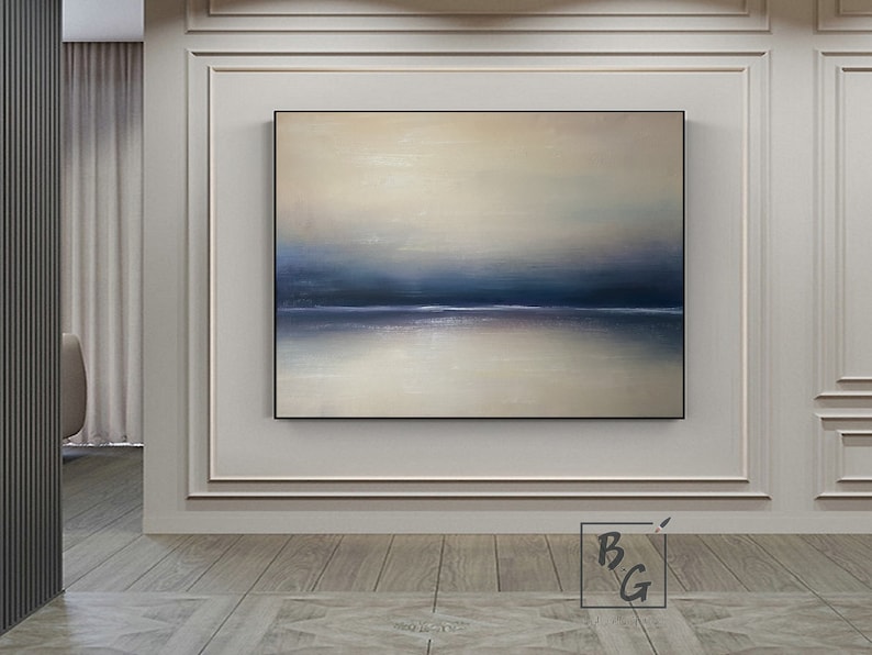 Dark Blue Ocean Abstract Painting,beige Sea Abstract Painting,blue ...