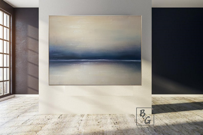 Dark Blue Ocean Abstract Painting,beige Sea Abstract Painting,blue ...