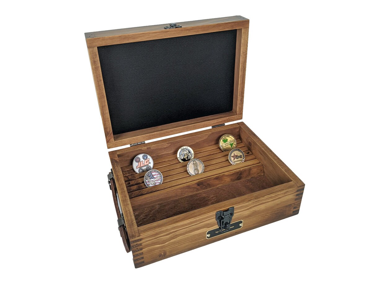 American Flag Challenge Coin Display Box – Rustic Wood Storage Chest ...