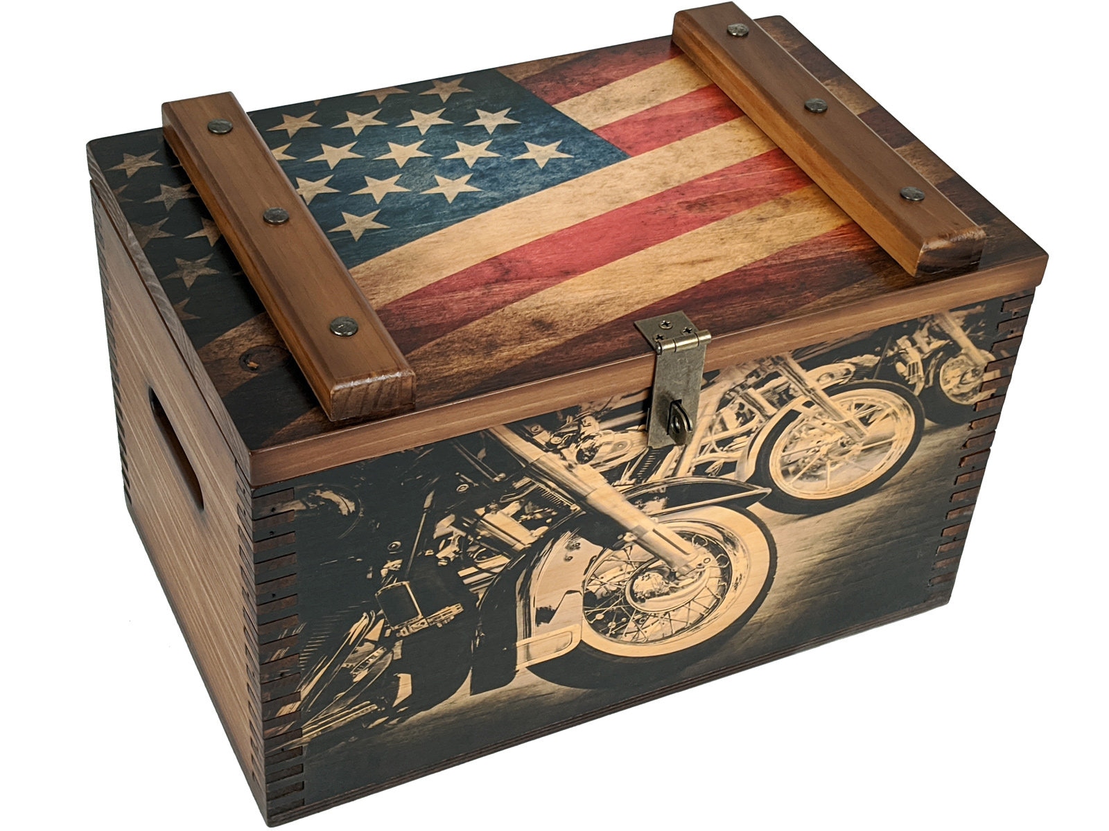 American Flag & Motorcycle Ammo Box – Rustic Wood Storage Chest ...