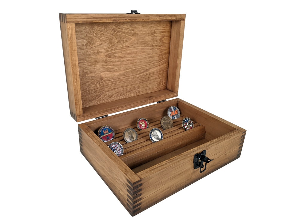 American Flag Challenge Coin Display Box – Rustic Wood Storage Chest ...