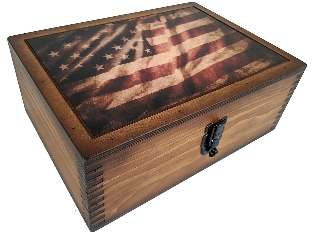 American Flag Challenge Coin Display Box – Rustic Wood Storage Chest ...
