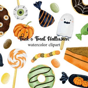 Watercolor Halloween Candy Clipart: Ghost, Pumpkin, Donut (digital ...