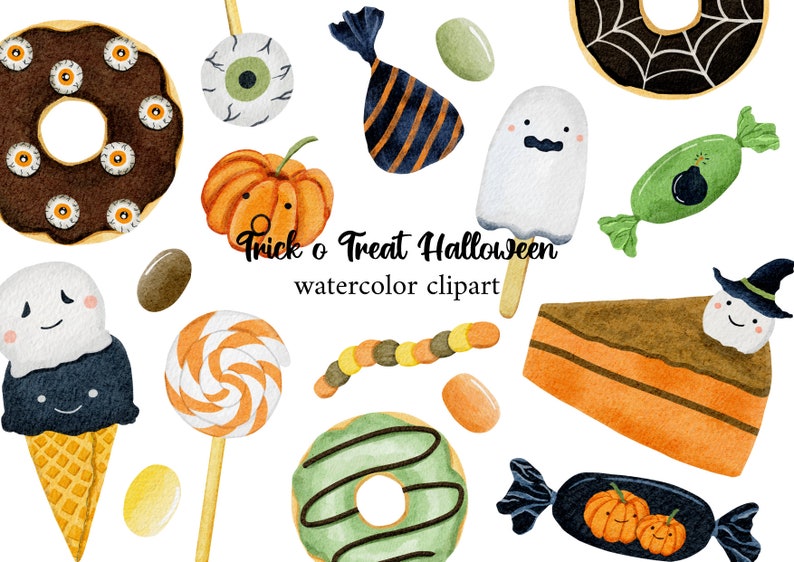 Watercolor Halloween Candy Clipart: Ghost, Pumpkin, Donut (digital ...
