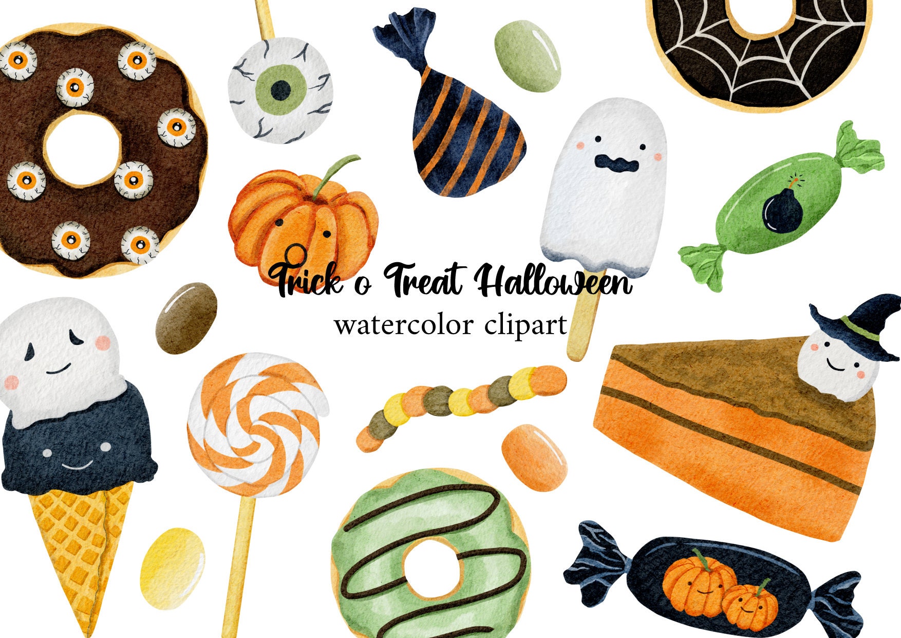 Watercolor Halloween Candy Clipart: Ghost, Pumpkin, Donut (digital ...