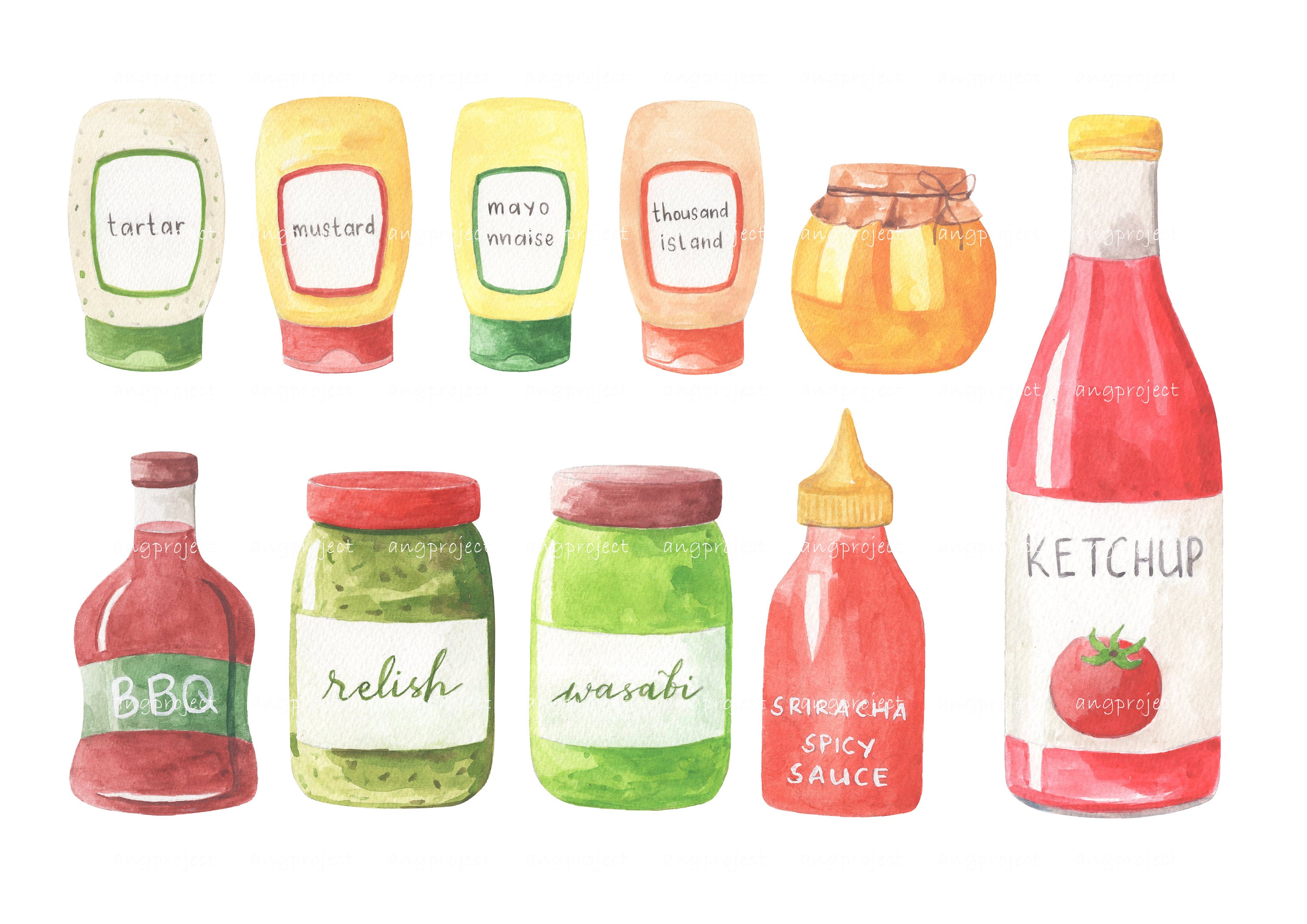 Condiment Watercolor Clipart, Food Watercolor Clipart, Sauce ...