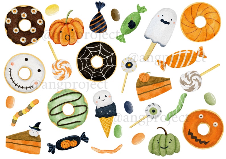 Watercolor Halloween Candy Clipart: Ghost, Pumpkin, Donut (digital ...
