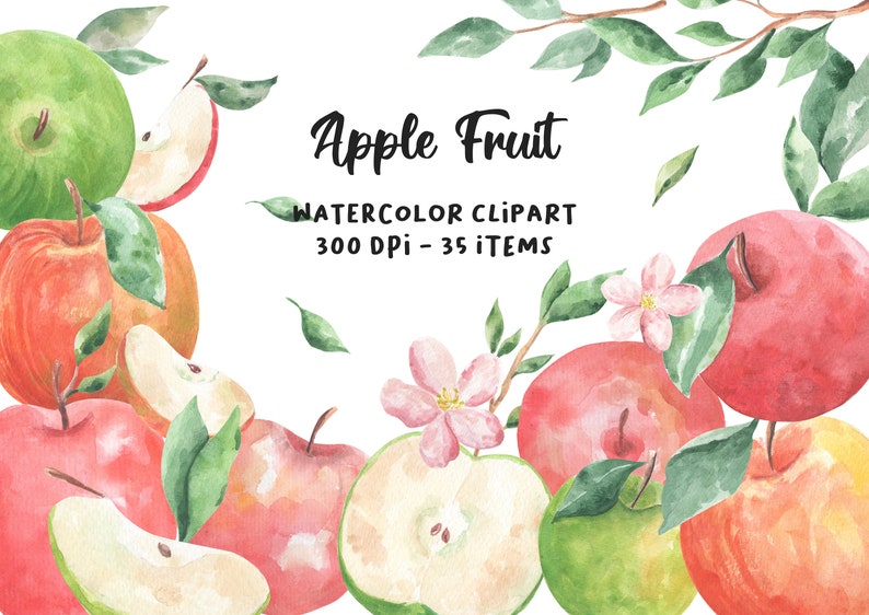 Apple Watercolor Clipart, Apple Slice PNG, Pear Watercolor Clipart ...