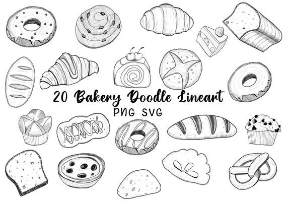 Bakery Clipart SVG PNG Black White Bakery Doodle Doodle - Etsy