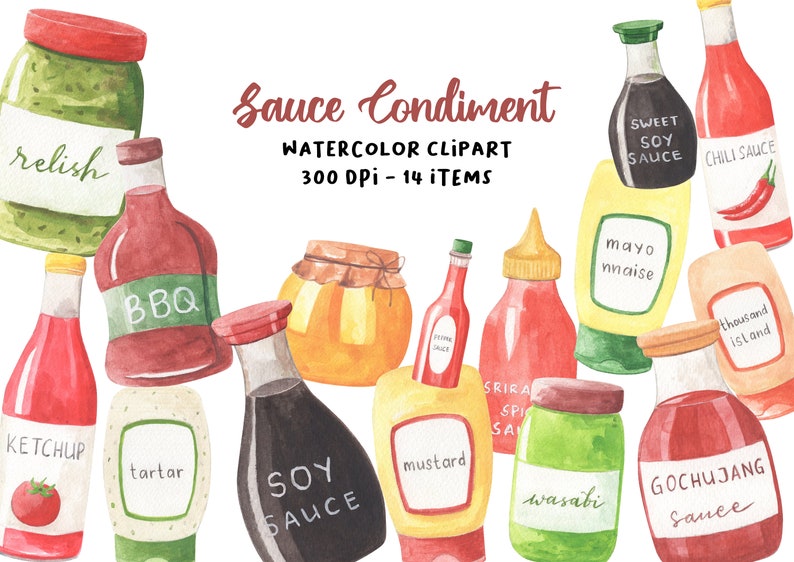 Condiment Watercolor Clipart, Food Watercolor Clipart, Sauce ...
