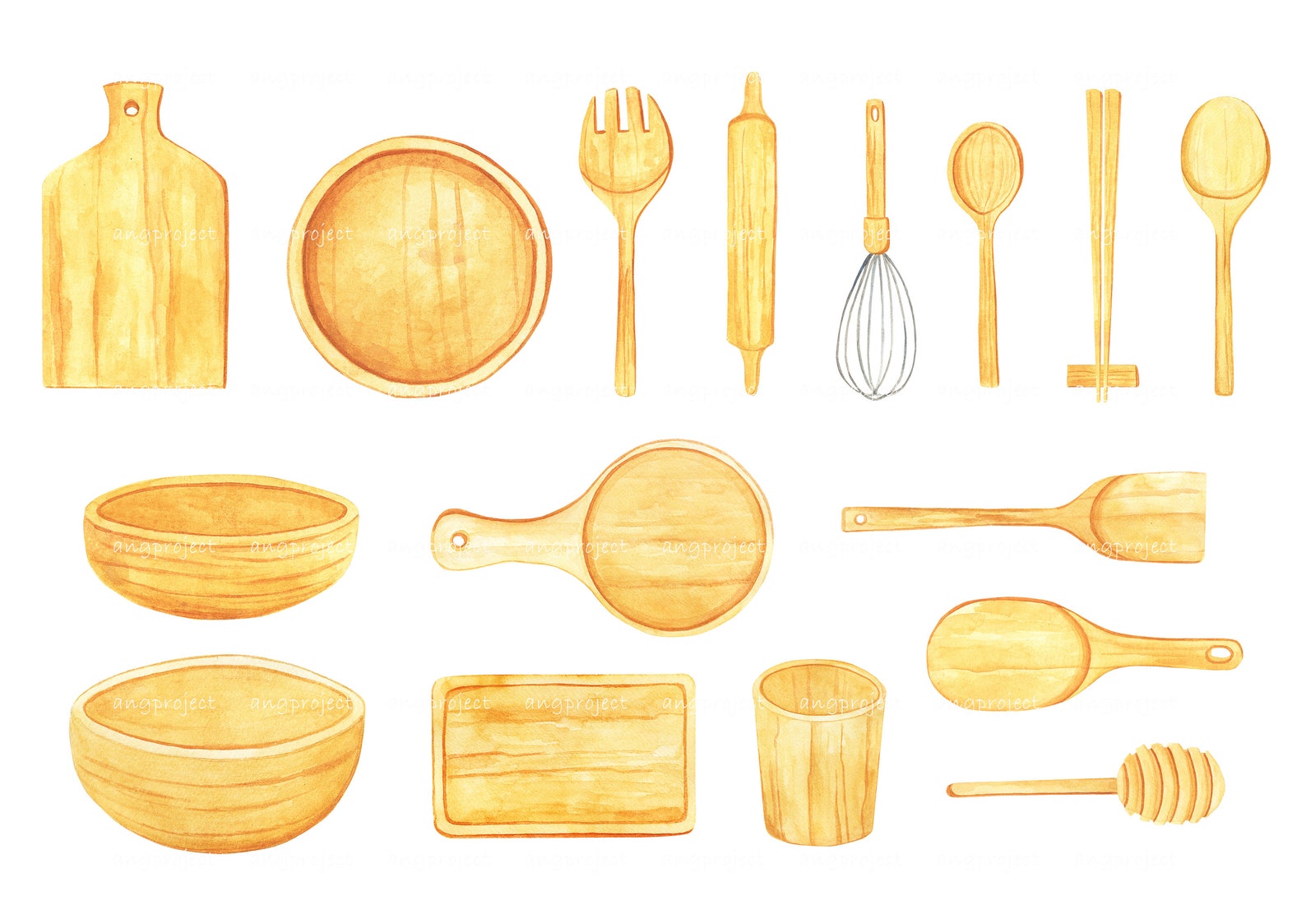 Watercolor Kitchen Utensil Clipart, Wooden Utensil Clipart, Kitchen ...