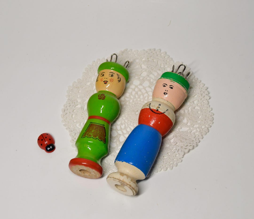 2 Vintage Knitting Spools Made of Wood and Metal / Sewing Accessories ...