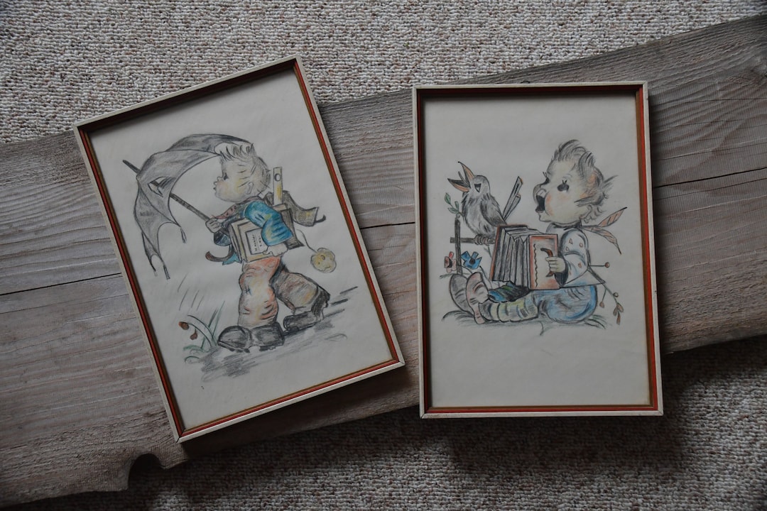 2 Pretty Murals in Wooden Frame / Hand-drawn / Each 28.5 X 20 - Etsy