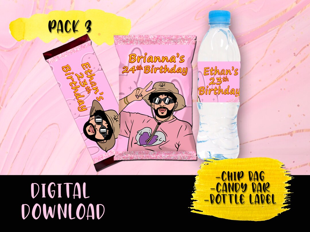 Bad Bunny Pink Birthday Party Pack - Chip Bag - Candy Bar - Bottlelabel ...