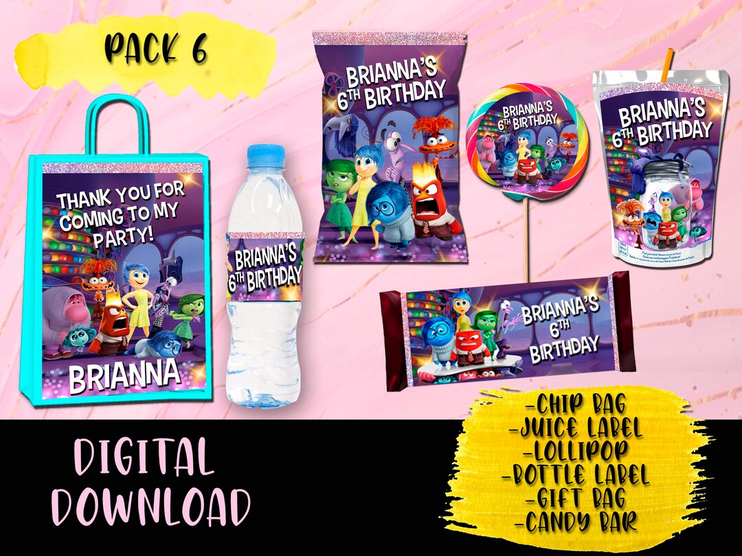 Inside Out Birthday Party Pack - Chip Bag - Lollipop - Favor Bag ...