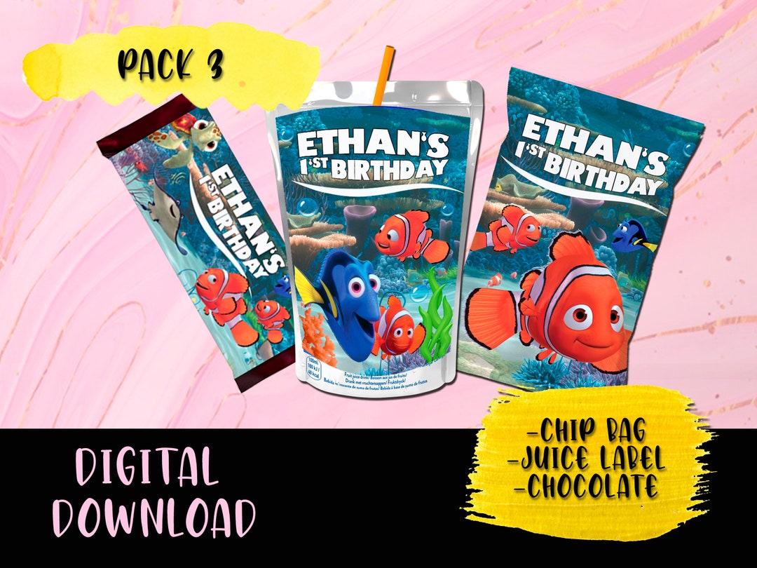 Finding Nemo Birthday Party Pack - Chip Bag - Candy Bar - Juice - Candy ...
