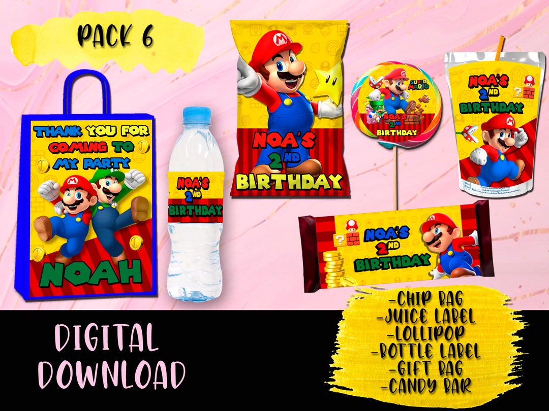 Mario Bros Birthday Party Pack - Chip Bag -lollipop-favor Bag-juice ...