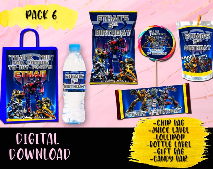 Transformers Birthday Party Pack Chip Bag Candy Bar Juice Label Labels ...