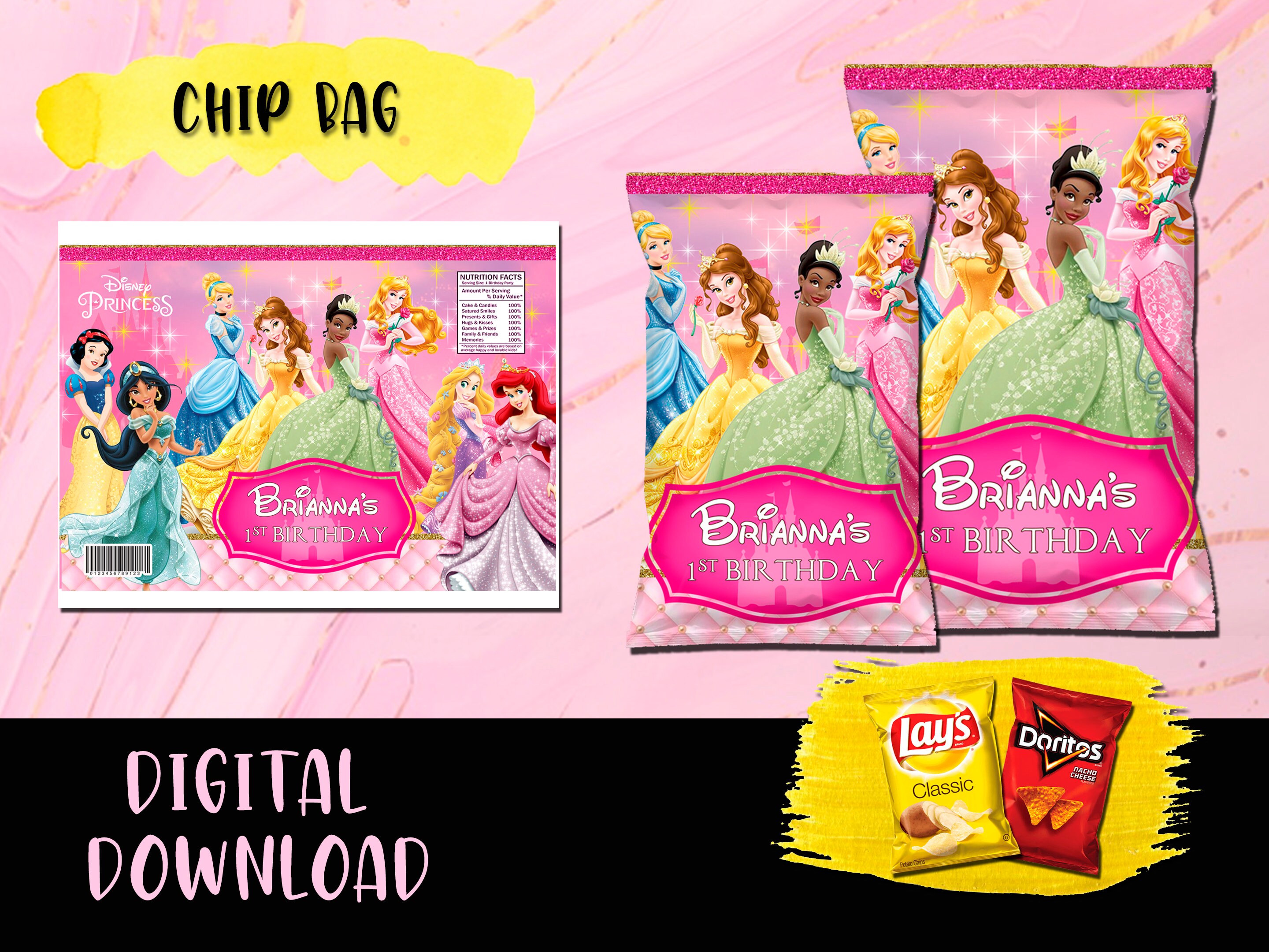 Princess Disney Birthday Party Pack Chip Bag Candy Bar - Etsy