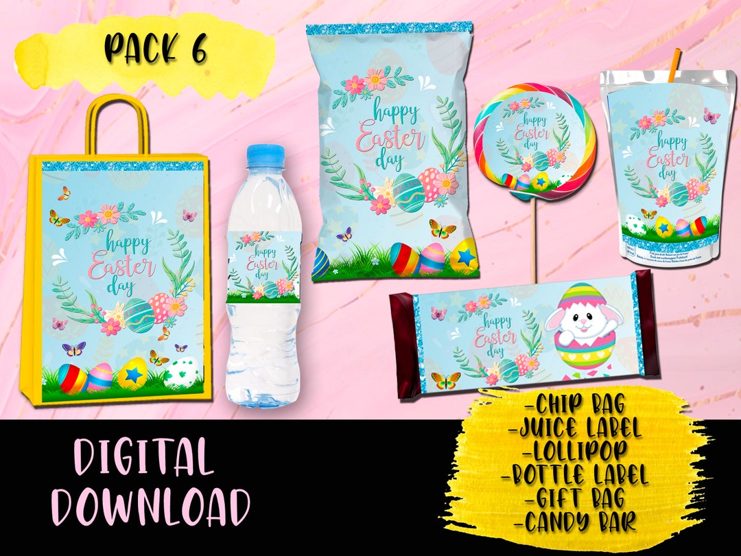 Happy Easter Party Pack - Chip Bag - Lollipop - Favor Bag- Juice ...
