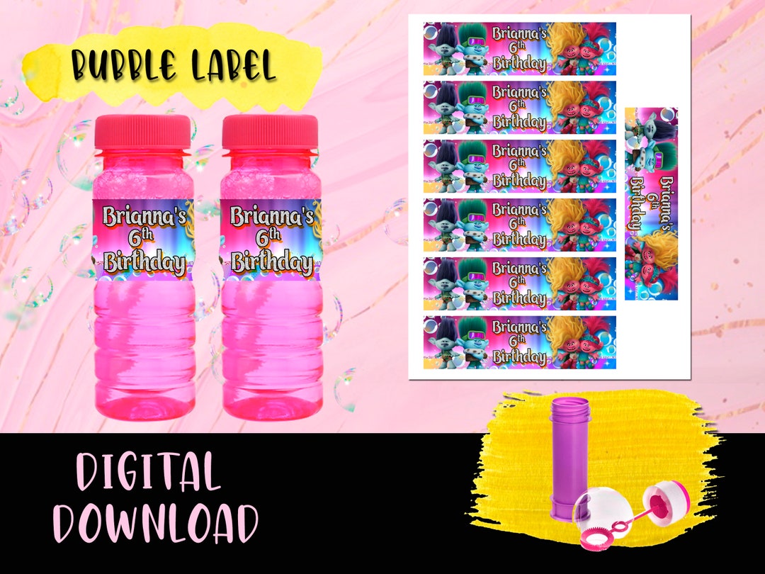 Trolls Birthday Bubble Label - Watter Bottle Party Pack - Labels ...