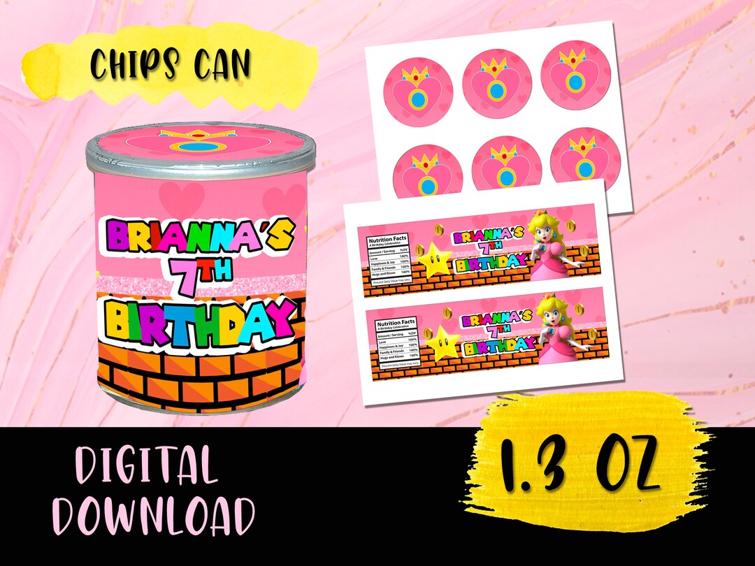 Princess Peach Birthday Chips Cans Birthday Party - Pack - Chips Cans ...