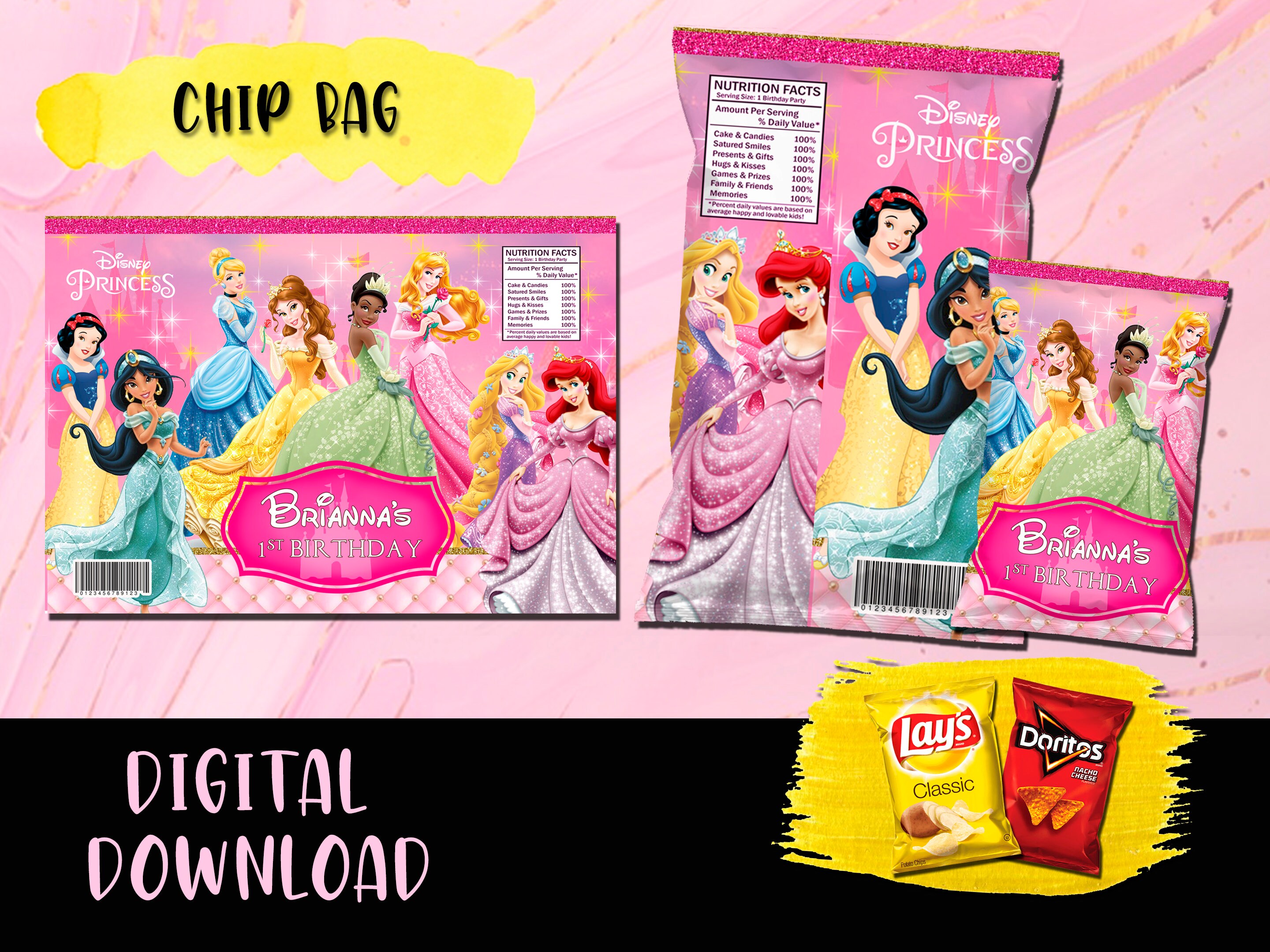 Princess Disney Birthday Party Pack Chip Bag Candy Bar - Etsy