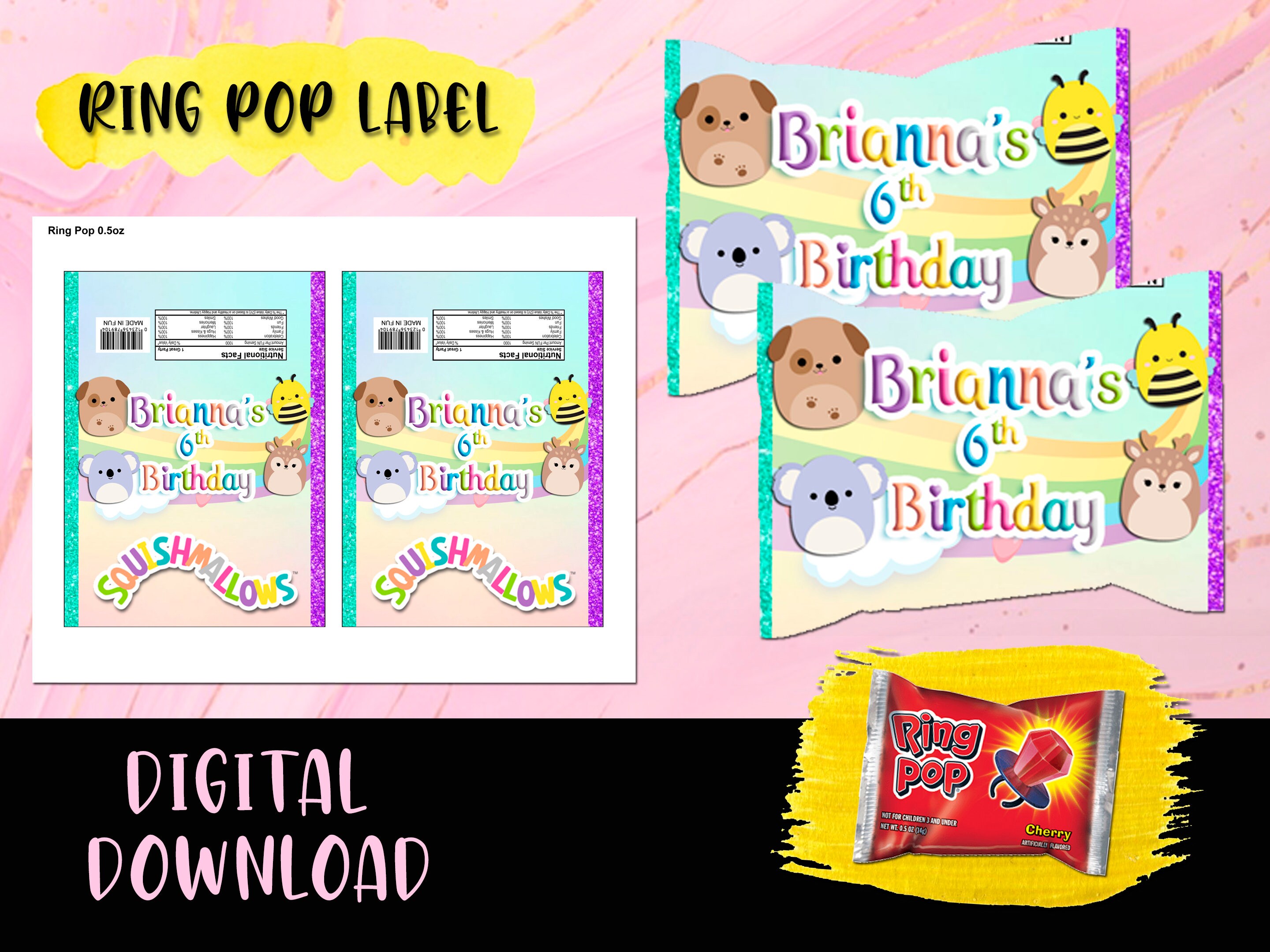 SQUISHMALLOW Ringpop Birthday Party Ring Pop Labels Printables ...